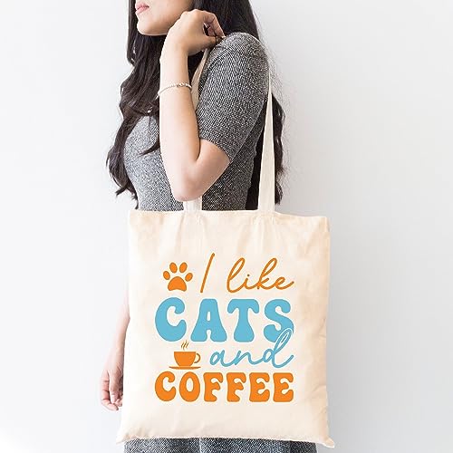 TSIIUO Women's I Like Cats and Coffee Canvas Tote Bag Cute Graphic Pet Lover Gift Funny Caffeine Reusable Shopping Bag White