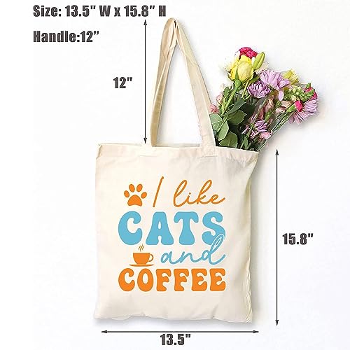 TSIIUO Women's I Like Cats and Coffee Canvas Tote Bag Cute Graphic Pet Lover Gift Funny Caffeine Reusable Shopping Bag White