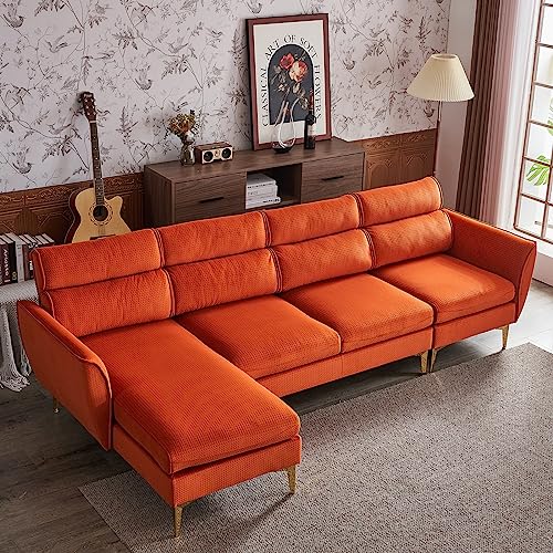 Imbesty Convertible Sectional Sofa Couch, 4-Seater Lattice Flannel Upholstered Sofa Couch with Reversible Chaise, L-Shaped Highback Living Room Furniture (Orange)