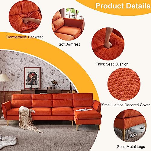 Imbesty Convertible Sectional Sofa Couch, 4-Seater Lattice Flannel Upholstered Sofa Couch with Reversible Chaise, L-Shaped Highback Living Room Furniture (Orange)