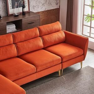 Imbesty Convertible Sectional Sofa Couch, 4-Seater Lattice Flannel Upholstered Sofa Couch with Reversible Chaise, L-Shaped Highback Living Room Furniture (Orange)