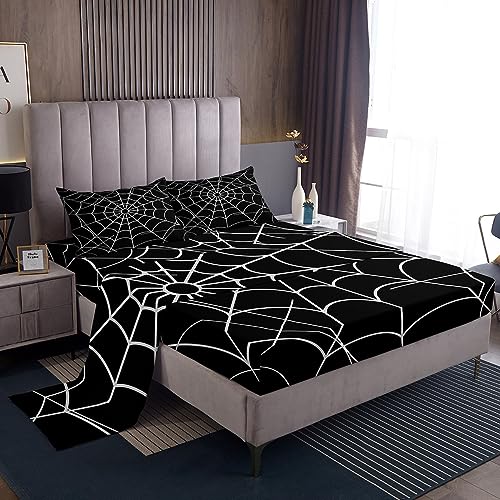 Spider Web Sheets Twin Size Halloween Decorations Bed Sheet Set for Kids Teens Boys Girls Women Men Black White Bed Sheets Spiderweb Bedding Fitted Sheet Bedroom Decor Flat Sheets 3Pcs