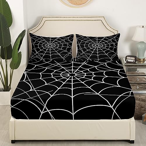 Spider Web Sheets Twin Size Halloween Decorations Bed Sheet Set for Kids Teens Boys Girls Women Men Black White Bed Sheets Spiderweb Bedding Fitted Sheet Bedroom Decor Flat Sheets 3Pcs