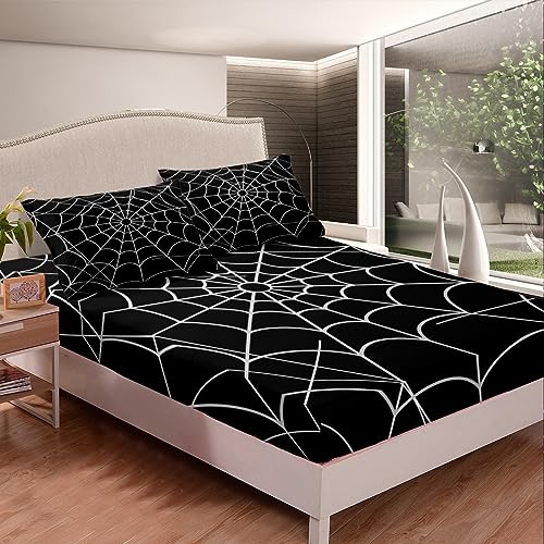 Spider Web Sheets Twin Size Halloween Decorations Bed Sheet Set for Kids Teens Boys Girls Women Men Black White Bed Sheets Spiderweb Bedding Fitted Sheet Bedroom Decor Flat Sheets 3Pcs