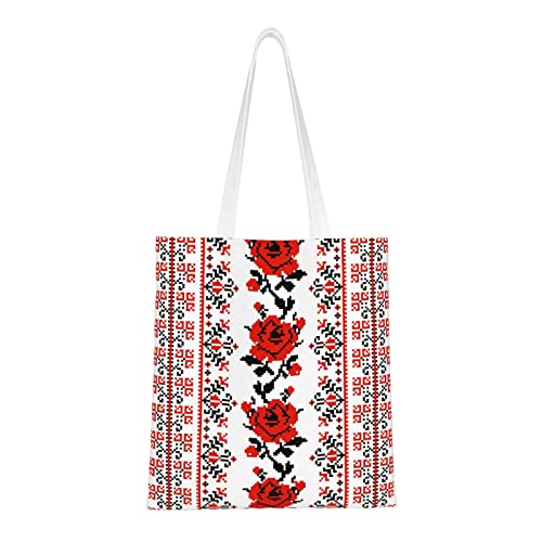 VACSAX Canvas Tote Bag for Women Reusable Shopping Bags Ukrainian Embroidery Style Rose Print Shoulder Handbag Aesthetic Totes for Grocery