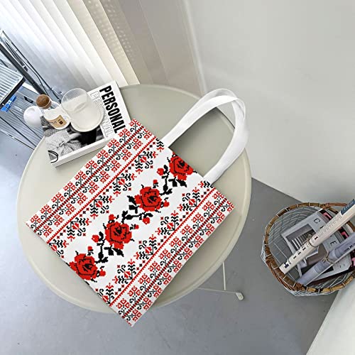 VACSAX Canvas Tote Bag for Women Reusable Shopping Bags Ukrainian Embroidery Style Rose Print Shoulder Handbag Aesthetic Totes for Grocery