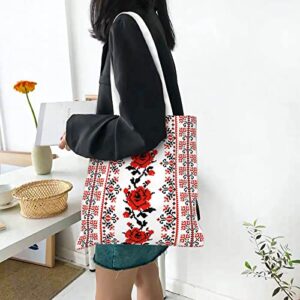 VACSAX Canvas Tote Bag for Women Reusable Shopping Bags Ukrainian Embroidery Style Rose Print Shoulder Handbag Aesthetic Totes for Grocery