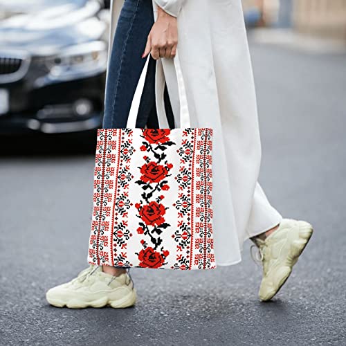 VACSAX Canvas Tote Bag for Women Reusable Shopping Bags Ukrainian Embroidery Style Rose Print Shoulder Handbag Aesthetic Totes for Grocery