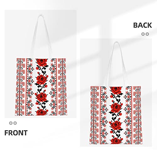 VACSAX Canvas Tote Bag for Women Reusable Shopping Bags Ukrainian Embroidery Style Rose Print Shoulder Handbag Aesthetic Totes for Grocery