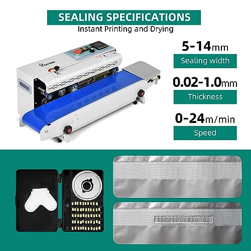 YITAHOME Horizontal Continuous Band Sealer, Automatic Bag Heat Sealer w/Printing Wheels, Commercial Bag Sealing Machine for PVC PE PP Aluminum Foil Bags Films