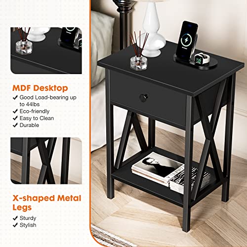 Sweetcrispy Nightstands Set of 2 Bedside Tables Night Stand with Storage Drawer, Side Tables End Table for Bedroom Living Room (Black)