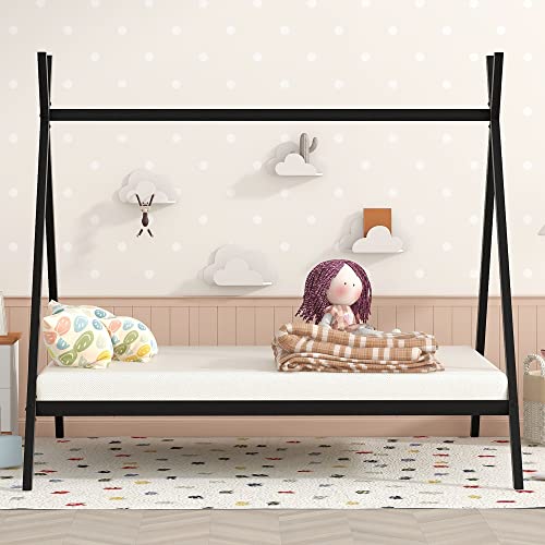 LCH Full Size House Bed Metal Tent Bed Frame, Floor Play House Bed Frame with Slat, Platform Bed for Kids Girls Boys, Teens No Box Spring Needed,Suitable for Bedroom,Apartment and Dorm (Black)