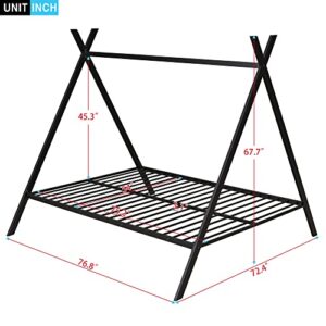 LCH Full Size House Bed Metal Tent Bed Frame, Floor Play House Bed Frame with Slat, Platform Bed for Kids Girls Boys, Teens No Box Spring Needed,Suitable for Bedroom,Apartment and Dorm (Black)