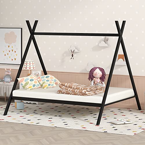 LCH Full Size House Bed Metal Tent Bed Frame, Floor Play House Bed Frame with Slat, Platform Bed for Kids Girls Boys, Teens No Box Spring Needed,Suitable for Bedroom,Apartment and Dorm (Black)