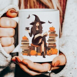 Cute Witch Camping Mug Goth Gift Witchy Sister Present Ghost Bookish Mug Sister Gift Office Coworker Gifts Halloween Book Lover Coffee Cup (15oz, Two Tone Black/White)