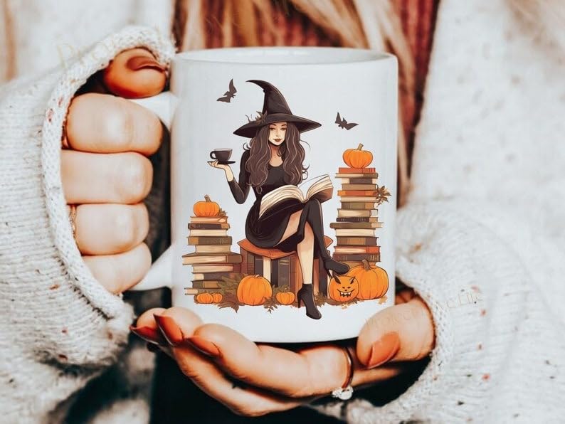 Cute Witch Camping Mug Goth Gift Witchy Sister Present Ghost Bookish Mug Sister Gift Office Coworker Gifts Halloween Book Lover Coffee Cup (15oz, Two Tone Black/White)