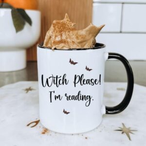 Cute Witch Camping Mug Goth Gift Witchy Sister Present Ghost Bookish Mug Sister Gift Office Coworker Gifts Halloween Book Lover Coffee Cup (15oz, Two Tone Black/White)