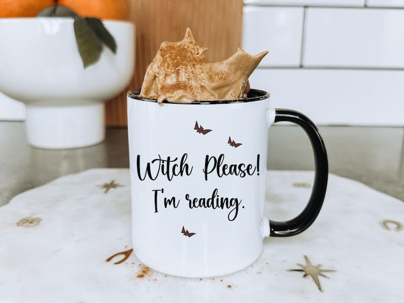 Cute Witch Camping Mug Goth Gift Witchy Sister Present Ghost Bookish Mug Sister Gift Office Coworker Gifts Halloween Book Lover Coffee Cup (15oz, Two Tone Black/White)