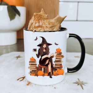 Cute Witch Camping Mug Goth Gift Witchy Sister Present Ghost Bookish Mug Sister Gift Office Coworker Gifts Halloween Book Lover Coffee Cup (15oz, Two Tone Black/White)