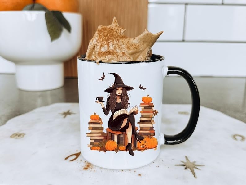 Cute Witch Camping Mug Goth Gift Witchy Sister Present Ghost Bookish Mug Sister Gift Office Coworker Gifts Halloween Book Lover Coffee Cup (15oz, Two Tone Black/White)