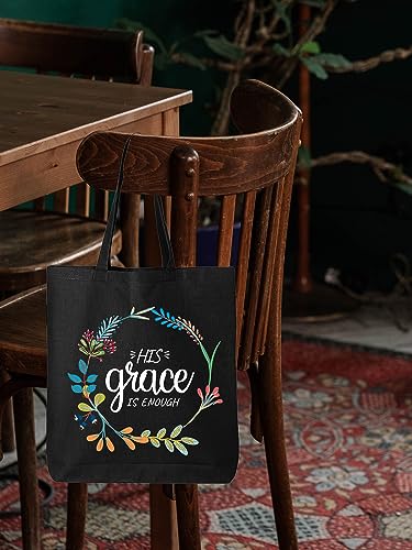 shop4ever His Grace is Enough Christian Floral Eco Cotton Tote Reusable Shopping Bag Black ECO 1