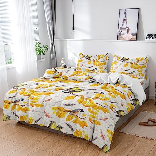 Bird Autumn Orange Leaves Feathers Seamless Duvet Cover Sets 4 Piece Full Ultra Soft Bed Quilt Cover Set for Kids/Teens/Women/Men,Country Pastoral Retro Envelope Bedding Collection All Season Use