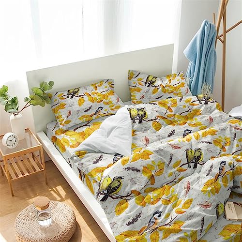 Bird Autumn Orange Leaves Feathers Seamless Duvet Cover Sets 4 Piece Full Ultra Soft Bed Quilt Cover Set for Kids/Teens/Women/Men,Country Pastoral Retro Envelope Bedding Collection All Season Use