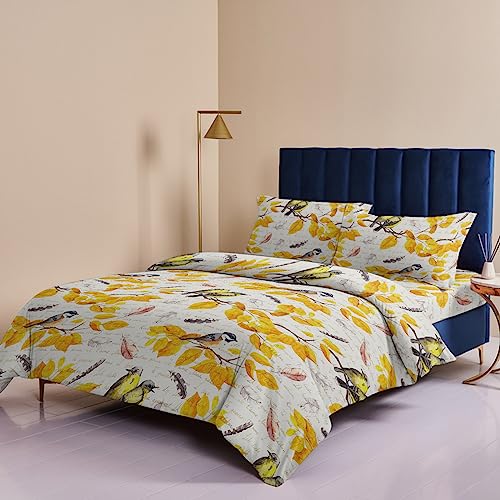 Bird Autumn Orange Leaves Feathers Seamless Duvet Cover Sets 4 Piece Full Ultra Soft Bed Quilt Cover Set for Kids/Teens/Women/Men,Country Pastoral Retro Envelope Bedding Collection All Season Use