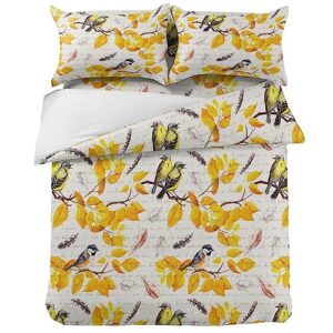 Bird Autumn Orange Leaves Feathers Seamless Duvet Cover Sets 4 Piece Full Ultra Soft Bed Quilt Cover Set for Kids/Teens/Women/Men,Country Pastoral Retro Envelope Bedding Collection All Season Use