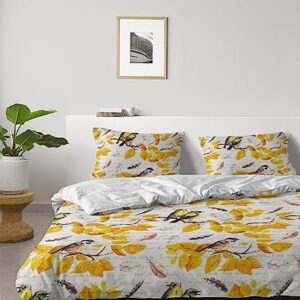 Bird Autumn Orange Leaves Feathers Seamless Duvet Cover Sets 4 Piece Full Ultra Soft Bed Quilt Cover Set for Kids/Teens/Women/Men,Country Pastoral Retro Envelope Bedding Collection All Season Use