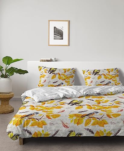 Bird Autumn Orange Leaves Feathers Seamless Duvet Cover Sets 4 Piece Full Ultra Soft Bed Quilt Cover Set for Kids/Teens/Women/Men,Country Pastoral Retro Envelope Bedding Collection All Season Use