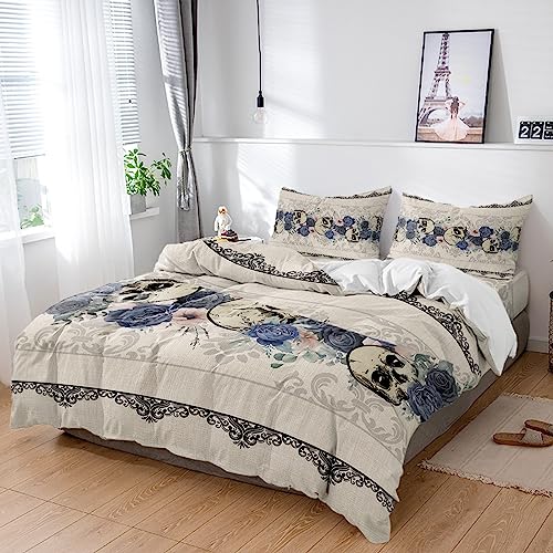 Blue Black Rose Skull Halloween Duvet Cover Sets 4 Piece Twin Ultra Soft Bed Quilt Cover Set for Kids/Teens/Women/Men,Retro Floral Vintage Linen Bedding Collection All Season Use