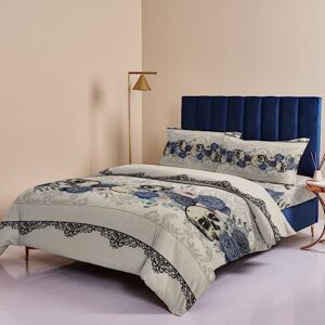 Blue Black Rose Skull Halloween Duvet Cover Sets 4 Piece Twin Ultra Soft Bed Quilt Cover Set for Kids/Teens/Women/Men,Retro Floral Vintage Linen Bedding Collection All Season Use