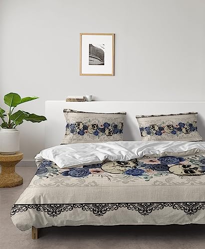 Blue Black Rose Skull Halloween Duvet Cover Sets 4 Piece Twin Ultra Soft Bed Quilt Cover Set for Kids/Teens/Women/Men,Retro Floral Vintage Linen Bedding Collection All Season Use