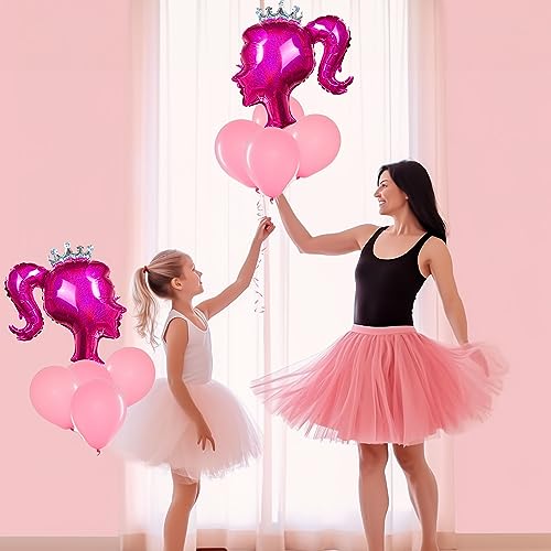 2Pcs Hot Pink Princess Foil Balloon Girl Head Balloons Pink Crown Doll balloons For Princess Theme Party Decorations Photo Booth Backdrop Little Girl Adult bachelorette Makeup Birthday Supply