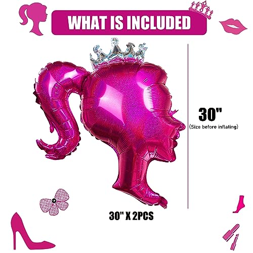 2Pcs Hot Pink Princess Foil Balloon Girl Head Balloons Pink Crown Doll balloons For Princess Theme Party Decorations Photo Booth Backdrop Little Girl Adult bachelorette Makeup Birthday Supply