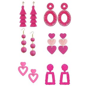 cnskoe pink earrings for women dangling barbie earings dangle heart rectangle dangle tassel lightweight statement jewelry （6 pairs）