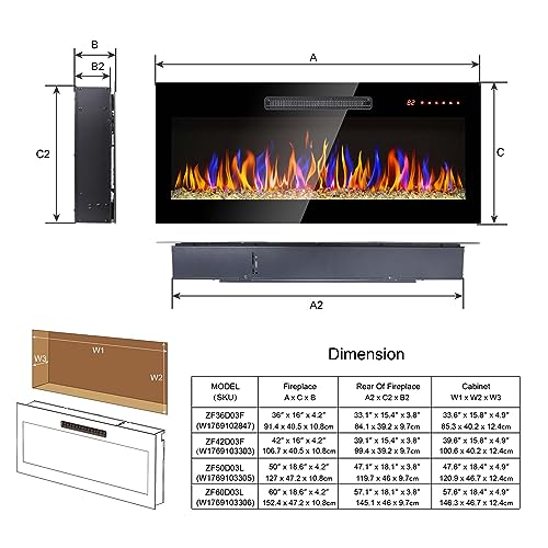 60 inch Recessed Ultra Thin Tempered Glass Front Wall Mounted Electric Fireplace with Remote and Multi Color Flame & Emberbed, LED Light Heater