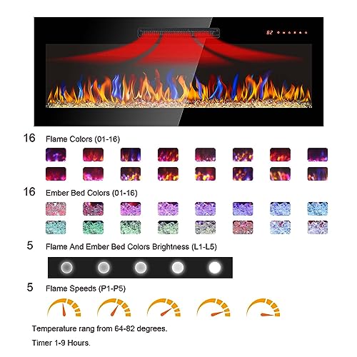 60 inch Recessed Ultra Thin Tempered Glass Front Wall Mounted Electric Fireplace with Remote and Multi Color Flame & Emberbed, LED Light Heater