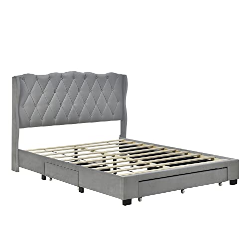 YUNLife&Home Queen Size Bed Frame with 3 Storage Drawers,Upholstered Storage Platform Bed Frame with Tufted Headboard/Wooden Slat Support/No Box Spring Needed for Bedroom Guest Room