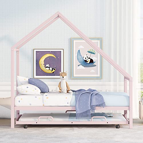 LCH House Bed, Full-Twin Size Metal House Bed with Trundle for Bedroom,Guest Room,Cute House-Shape Bed for Toddlers,Kids,Girls and Boys,Noise Free,Easy to Assemble,No Box Spring Needed,Pink