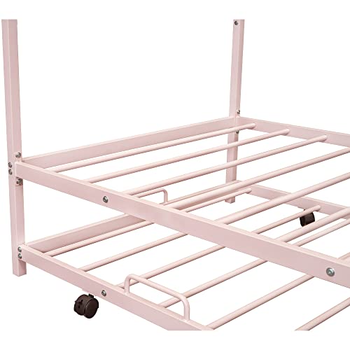 LCH House Bed, Full-Twin Size Metal House Bed with Trundle for Bedroom,Guest Room,Cute House-Shape Bed for Toddlers,Kids,Girls and Boys,Noise Free,Easy to Assemble,No Box Spring Needed,Pink