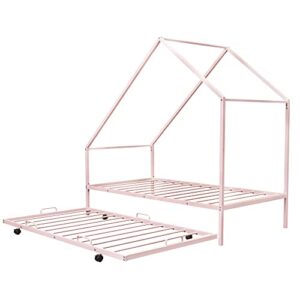 LCH House Bed, Full-Twin Size Metal House Bed with Trundle for Bedroom,Guest Room,Cute House-Shape Bed for Toddlers,Kids,Girls and Boys,Noise Free,Easy to Assemble,No Box Spring Needed,Pink