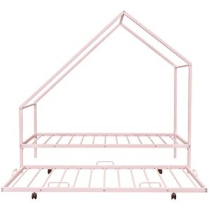 LCH House Bed, Full-Twin Size Metal House Bed with Trundle for Bedroom,Guest Room,Cute House-Shape Bed for Toddlers,Kids,Girls and Boys,Noise Free,Easy to Assemble,No Box Spring Needed,Pink