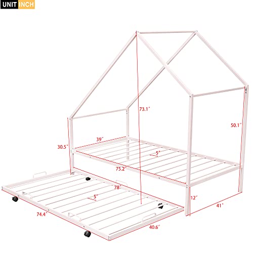 LCH House Bed, Full-Twin Size Metal House Bed with Trundle for Bedroom,Guest Room,Cute House-Shape Bed for Toddlers,Kids,Girls and Boys,Noise Free,Easy to Assemble,No Box Spring Needed,Pink