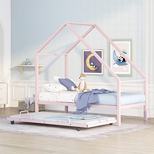 LCH House Bed, Full-Twin Size Metal House Bed with Trundle for Bedroom,Guest Room,Cute House-Shape Bed for Toddlers,Kids,Girls and Boys,Noise Free,Easy to Assemble,No Box Spring Needed,Pink