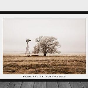 Country Photography Print (Not Framed) Sepia Picture of Old Windmill and Tree Covered in Frost on Winter Day in New Mexico Western Wall Art Farmhouse Decor (30" x 40")