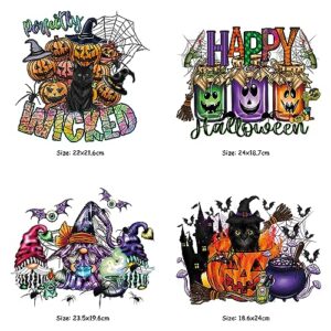 4 Sheets Halloween Iron on Patches Pumpkin Bat Iron on Transfer Stickers Cute Design Heat Transfer Vinyl Decals with Black Cat Skull Spider Web Halloween Patches for Clothes Shirts Bag Craft DIY Decor