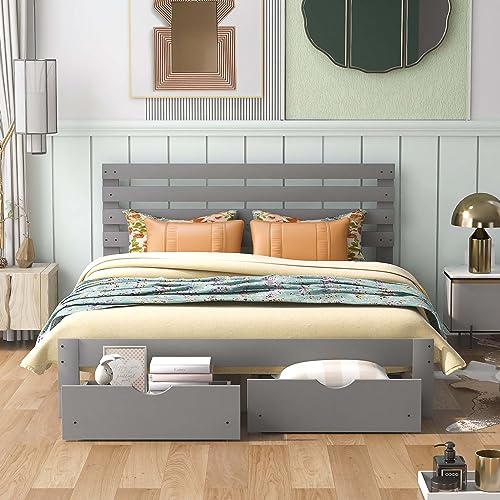 DUNTRKDU Queen Size Pine Platform Bed Frame with 2 Storage Drawer, Modern Classic Platform Bed with Headboard/Wood Slats Support/Easy Assemble for Bedroom Apartment Girls Boys Teens (Gray, Queen)