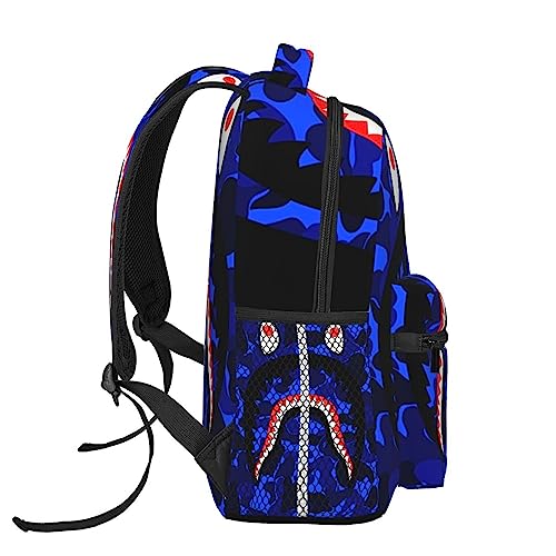 AIRPO Fashion Shark Backpacks Bright Navy Pink Camouflage Large Capacity Laptop Daypack Lightweight Backpack Travel Hiking Bag For Women Men